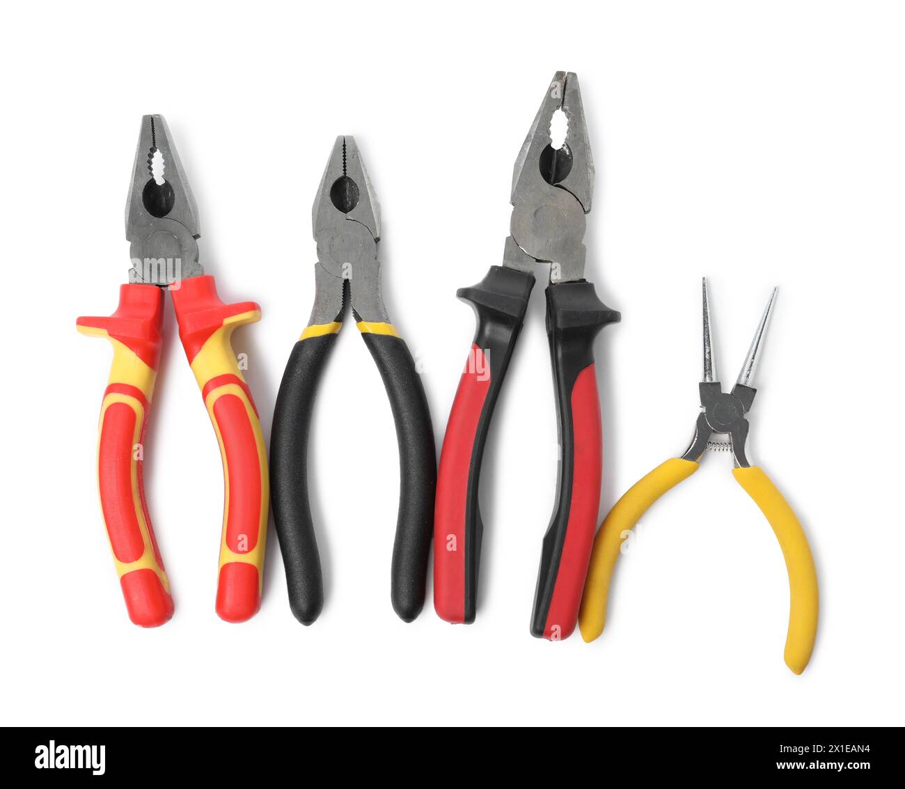 Group of different pliers isolated on white, top view Stock Photo - Alamy