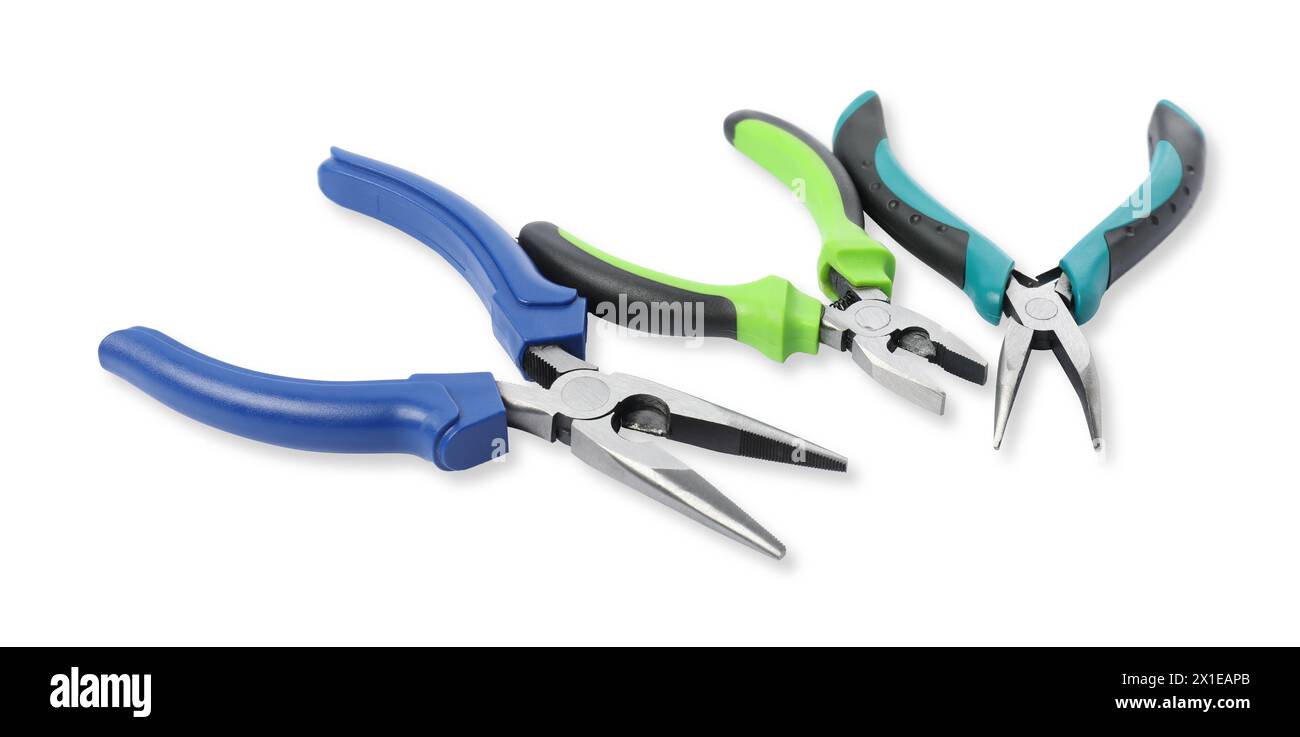 Different pliers isolated on white. Construction tool Stock Photo - Alamy