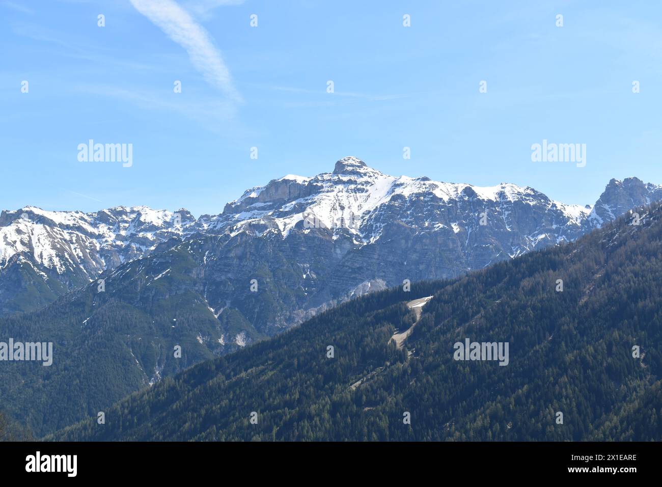 View from beautiful valley of Stubai under Stubai Glacier with small ...