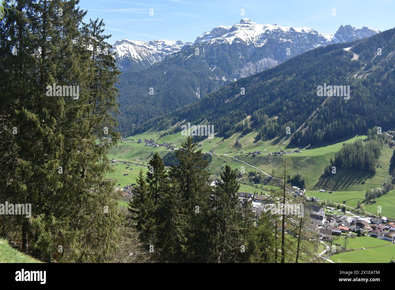 View from beautiful valley of Stubai under Stubai Glacier with small ...