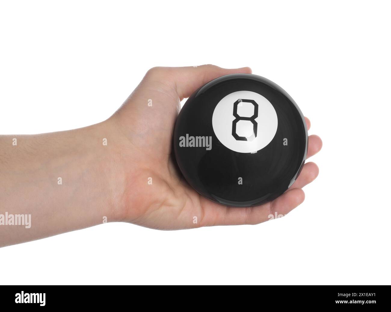 Man holding magic eight ball on white background, closeup Stock Photo ...