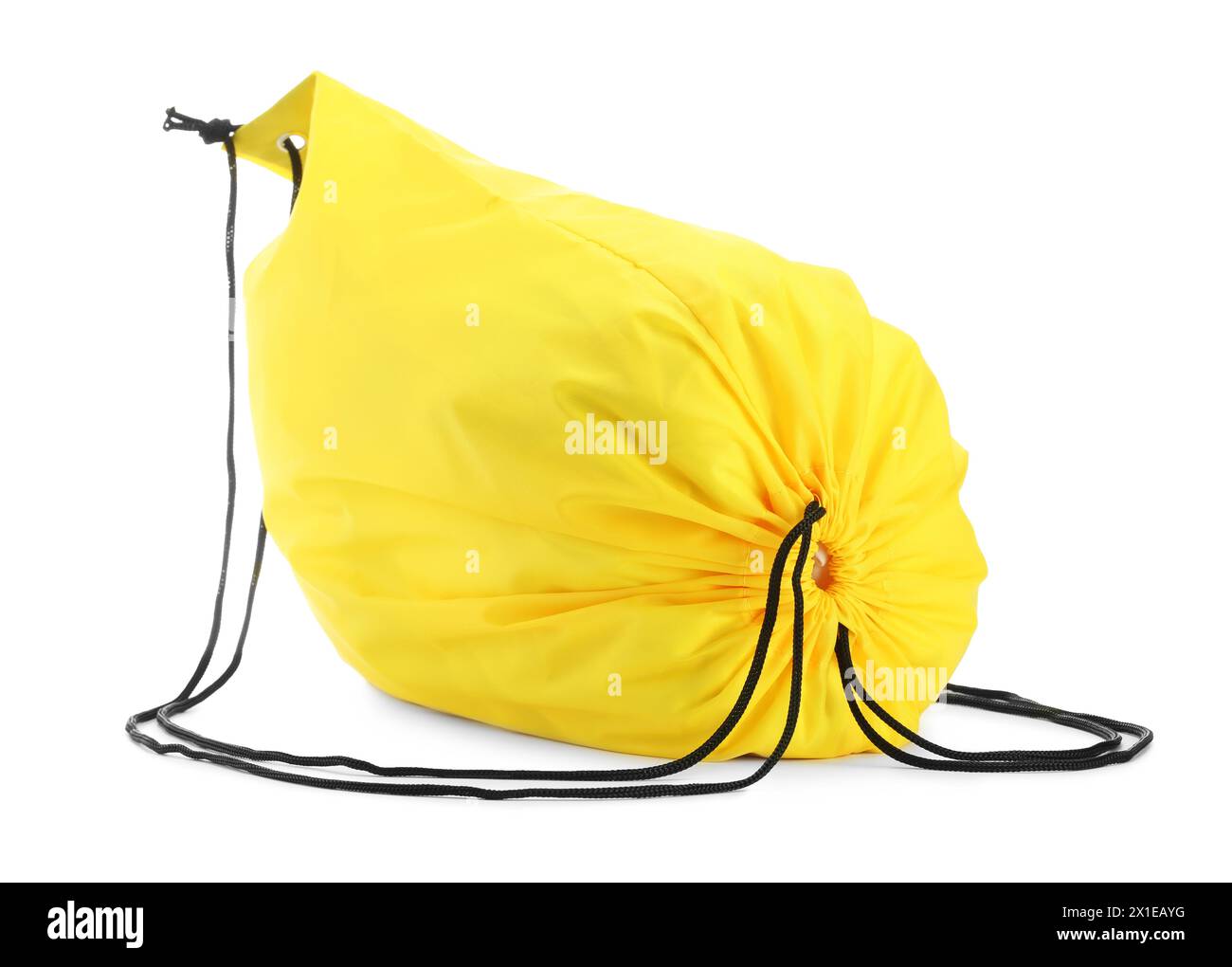 One yellow drawstring bag isolated on white Stock Photo - Alamy
