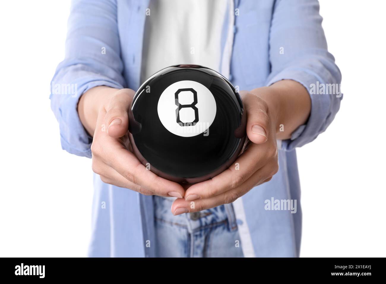 Woman holding magic eight ball on white background, closeup Stock Photo ...
