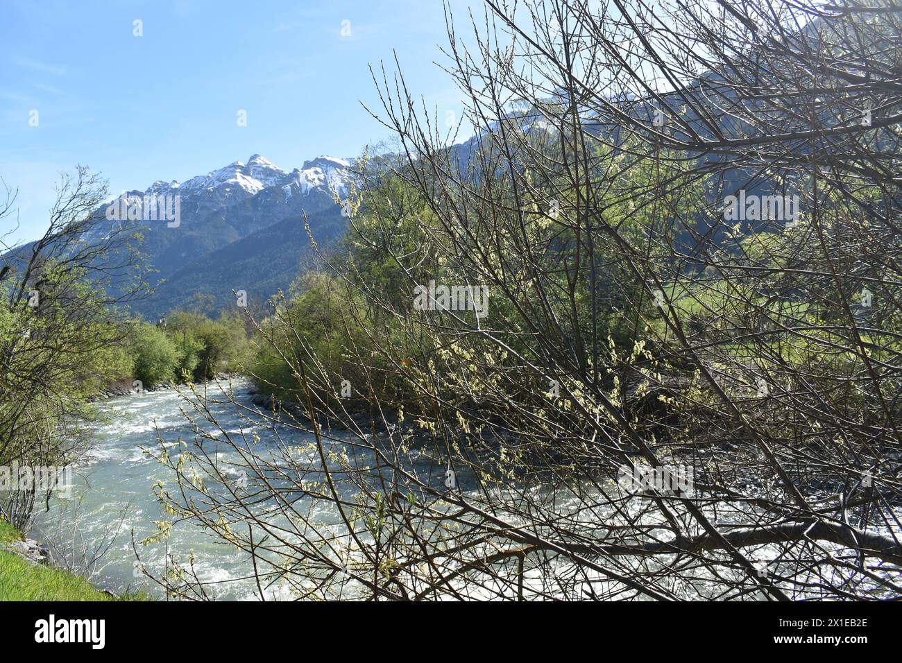 View from beautiful valley of Stubai under Stubai Glacier with small ...