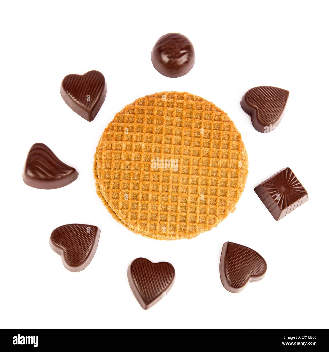 Chocolate candies and Belgian waffles isolated on white background ...