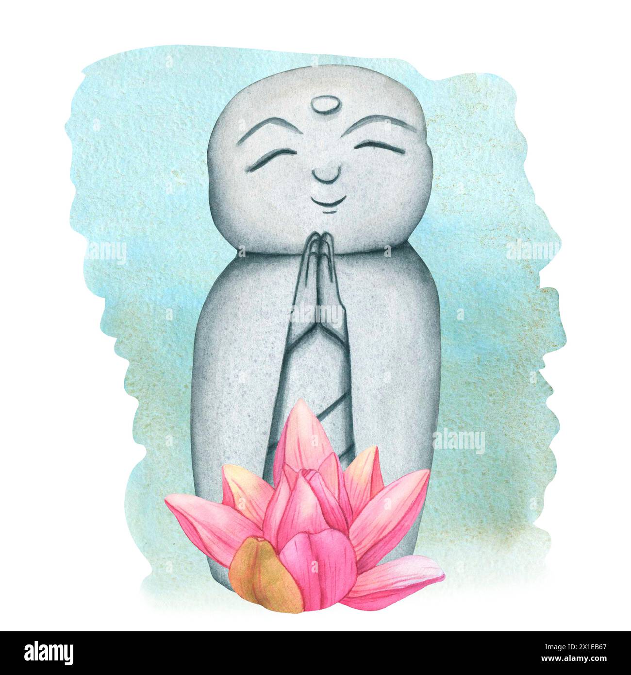 Jizo Bosatsu monk and Buds Pink Lotus from the Japanese Garden. Hand ...