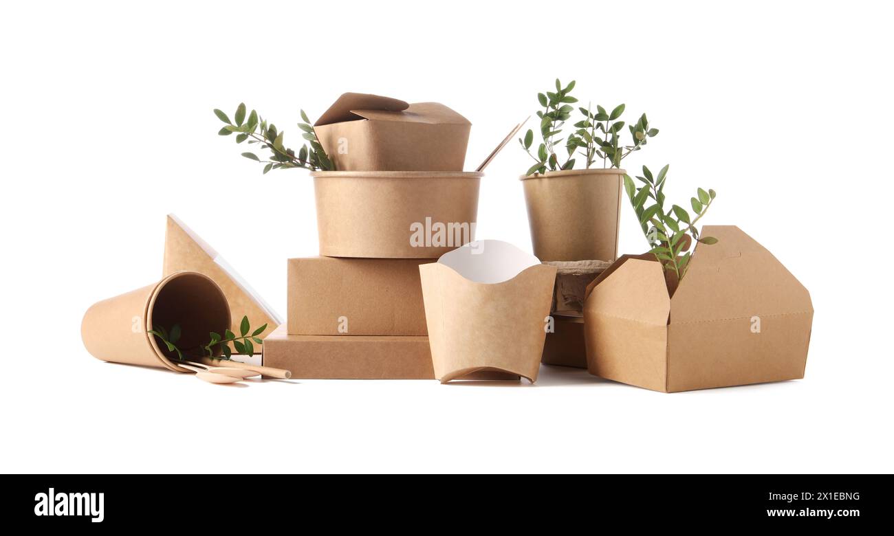 Eco friendly food packagings, cutlery and twigs isolated on white Stock ...