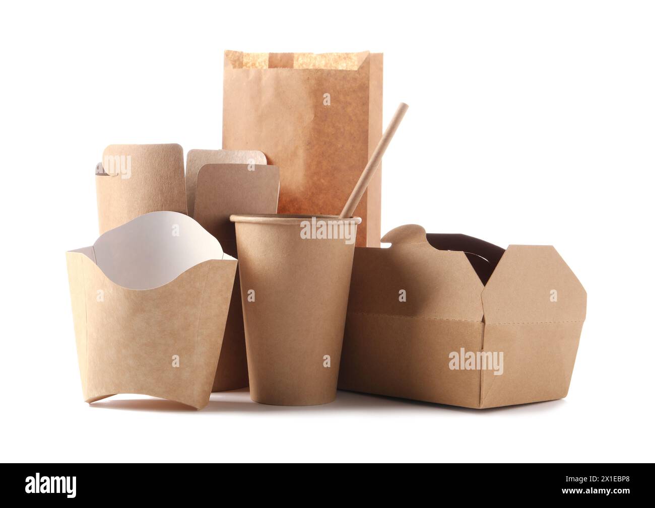 Eco friendly packaging. Disposable food containers and straw isolated ...