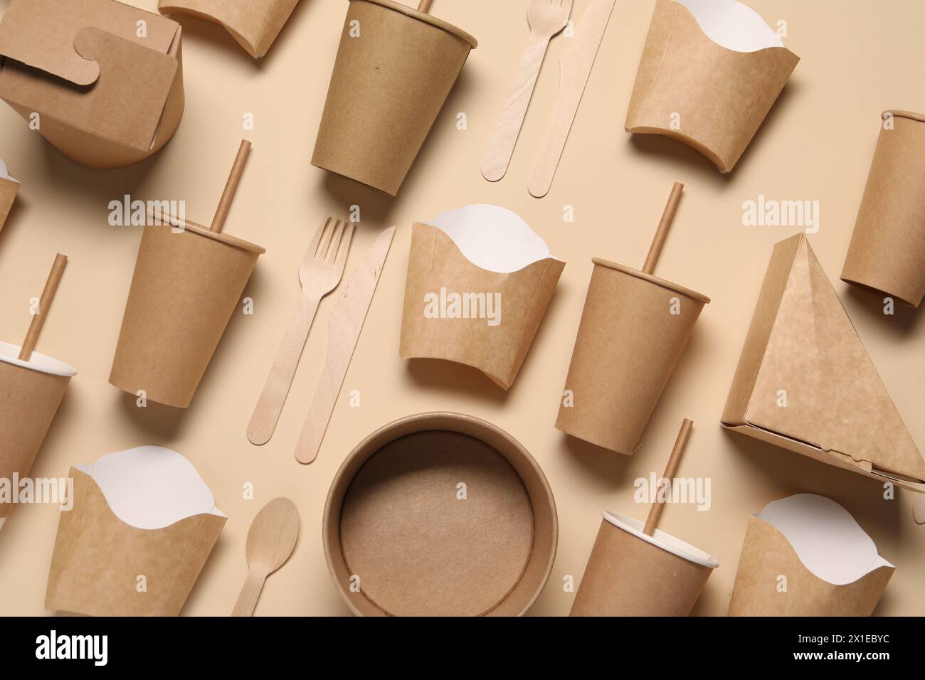 Flat lay composition with eco friendly food packagings on beige ...