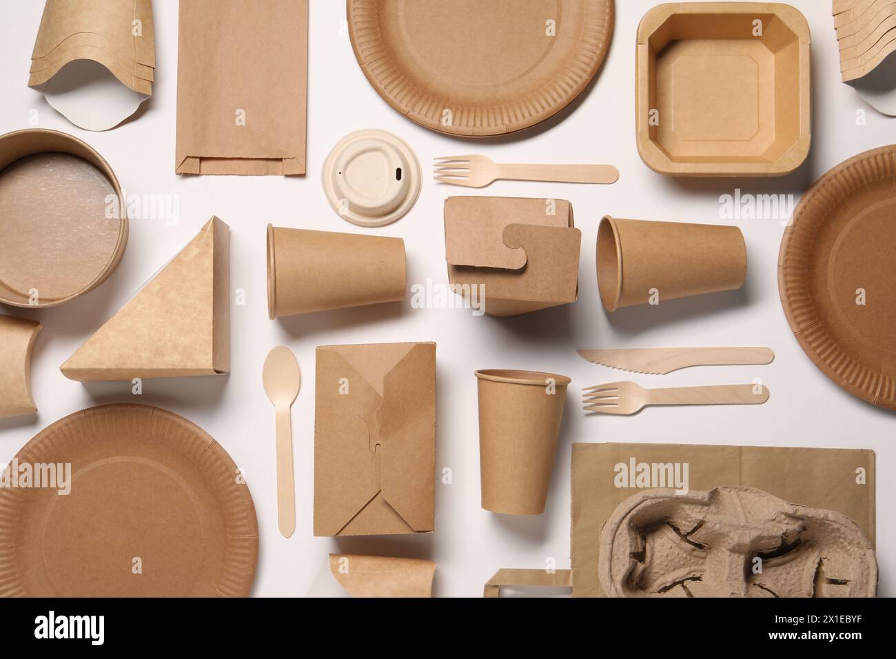 Flat lay composition with eco friendly food packagings on white ...