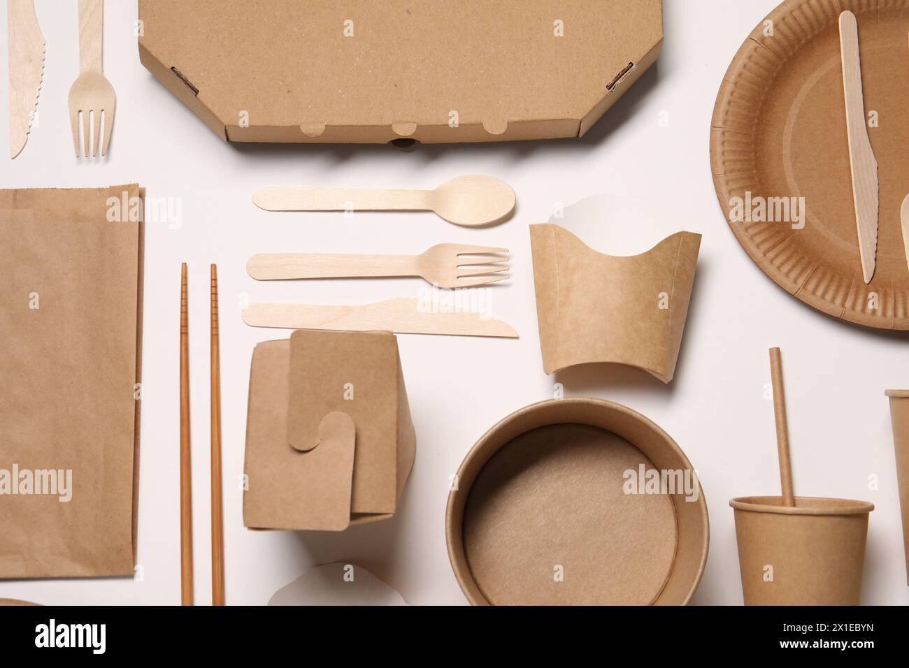 Flat lay composition with eco friendly food packagings on white ...