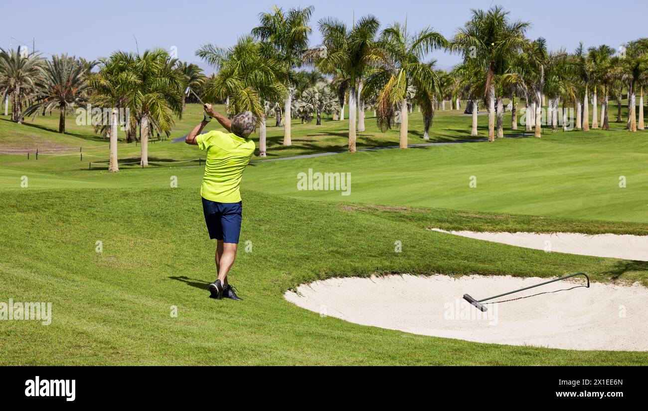 Golfer on a golf course, ready to tee off. Golfer with golf club ...