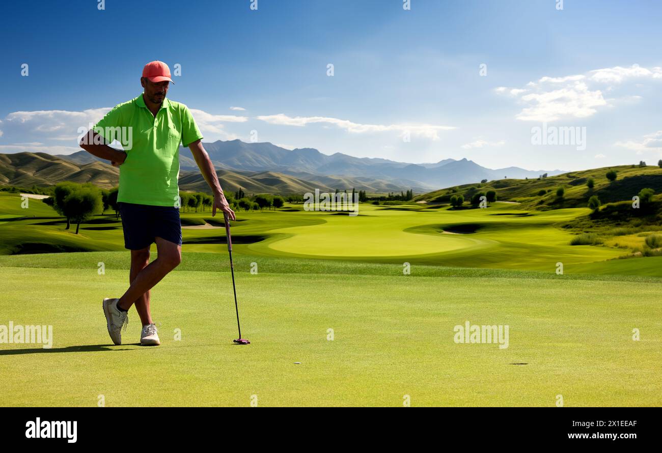 The golfer on the putting green waits for his turn before hitting the ...