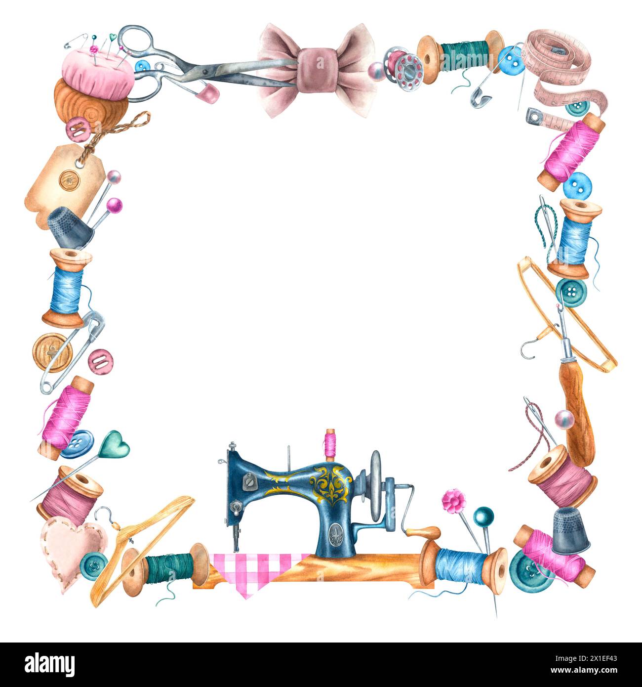 Square frame with scissors, buttons, sewing machine. Hand drawn ...