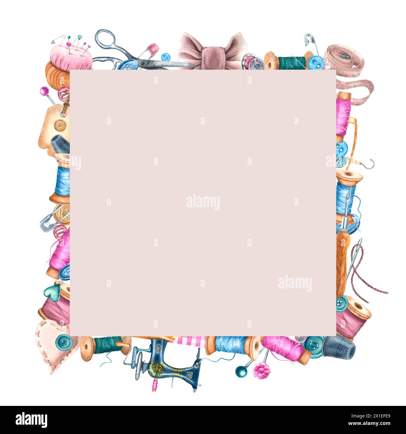 Square frame with scissors, buttons, sewing machine. Hand drawn ...