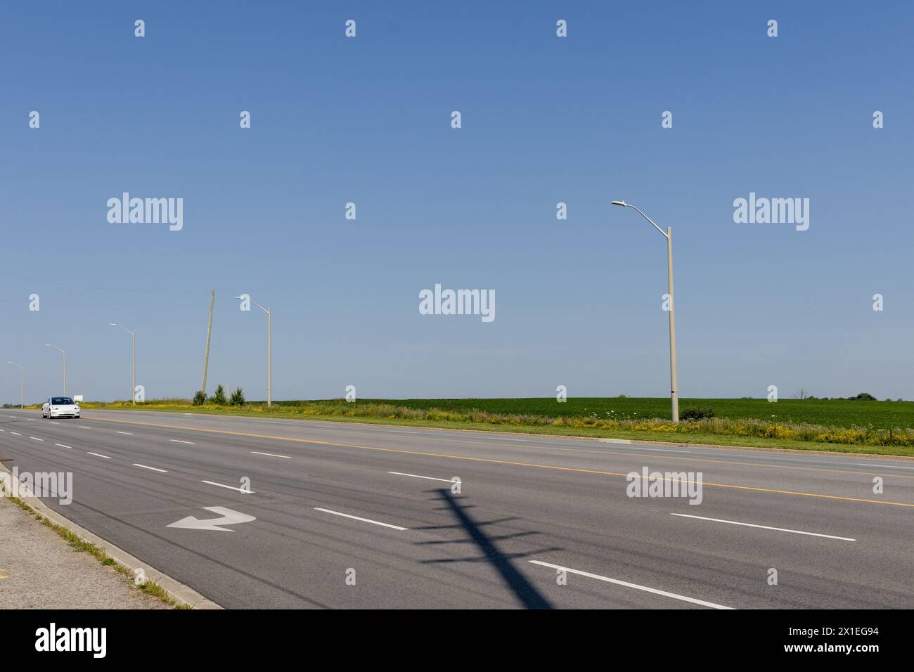 Open highway road - clear blue sky - street lights, lush greenery on ...
