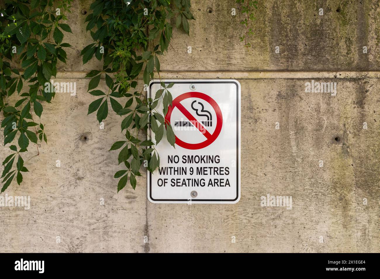 No smoking sign - affixed to a concrete wall - partially obscured by ...