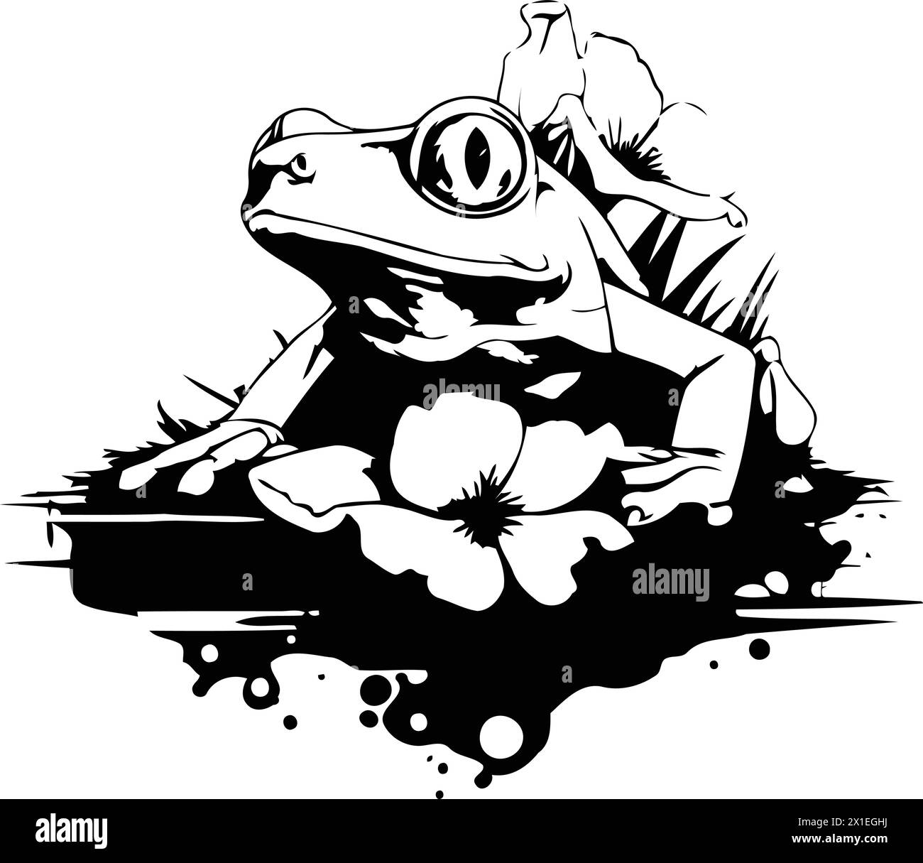 Frog on a grunge background with flowers. Vector illustration Stock ...