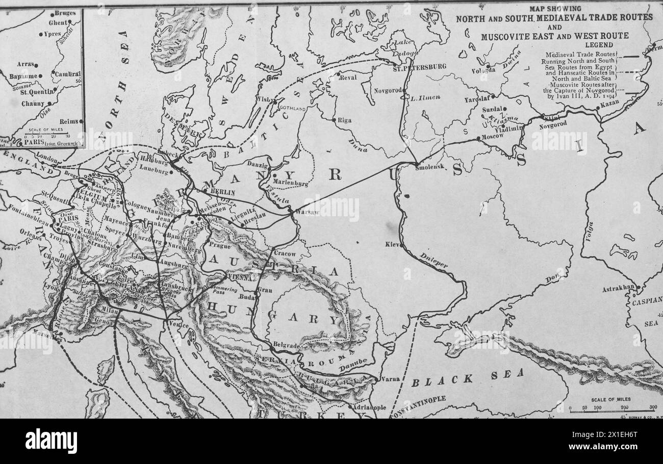 Map showing north and south medieval trade routes and Muscovite East ...