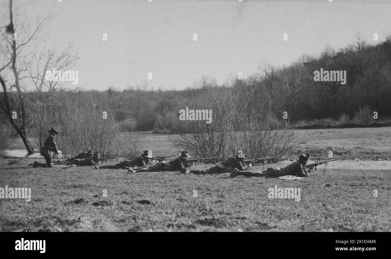 U.S. Soldiers manning French rifles and shooting across the Marne River ...