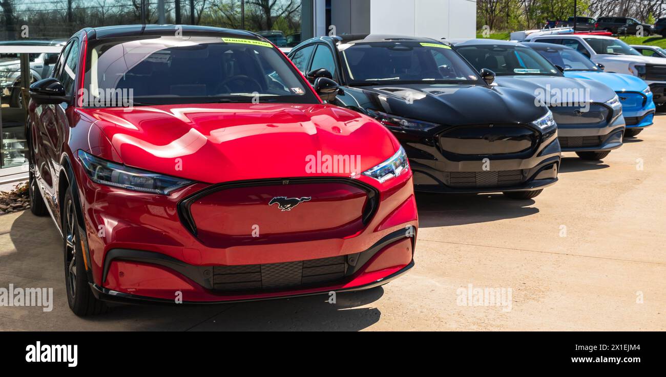 A line of Ford Mustang electric sedans for sale at a dealership Stock ...