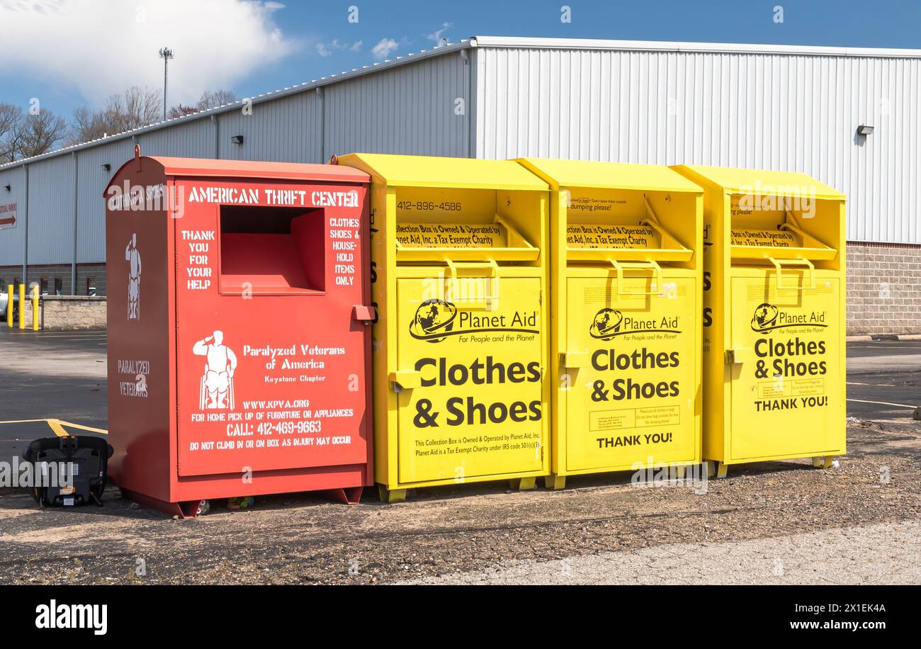 Four donation boxes in a parking lot in Harmar Township, Pennsylvania ...