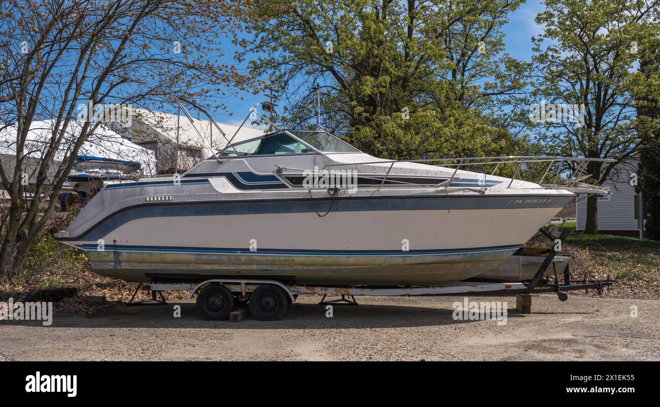 A pleasure craft boat in dry dock at a marina in Cheswick, Pennsylvania ...