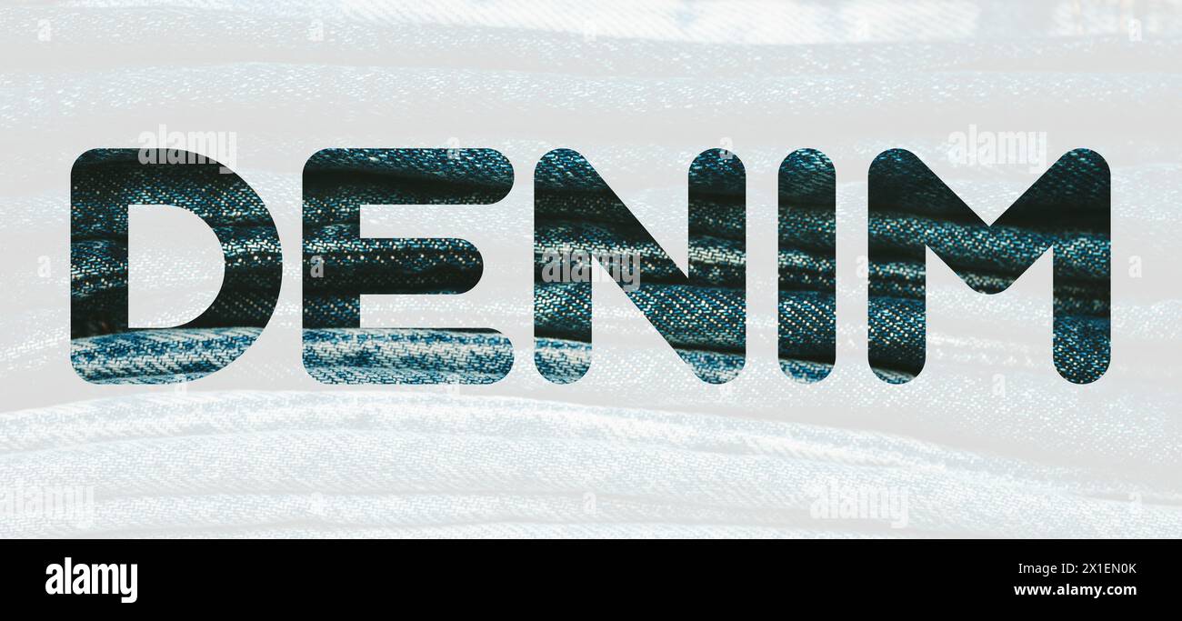 Word DENIM from denim blue pattern of folded jeans background. Fashion ...