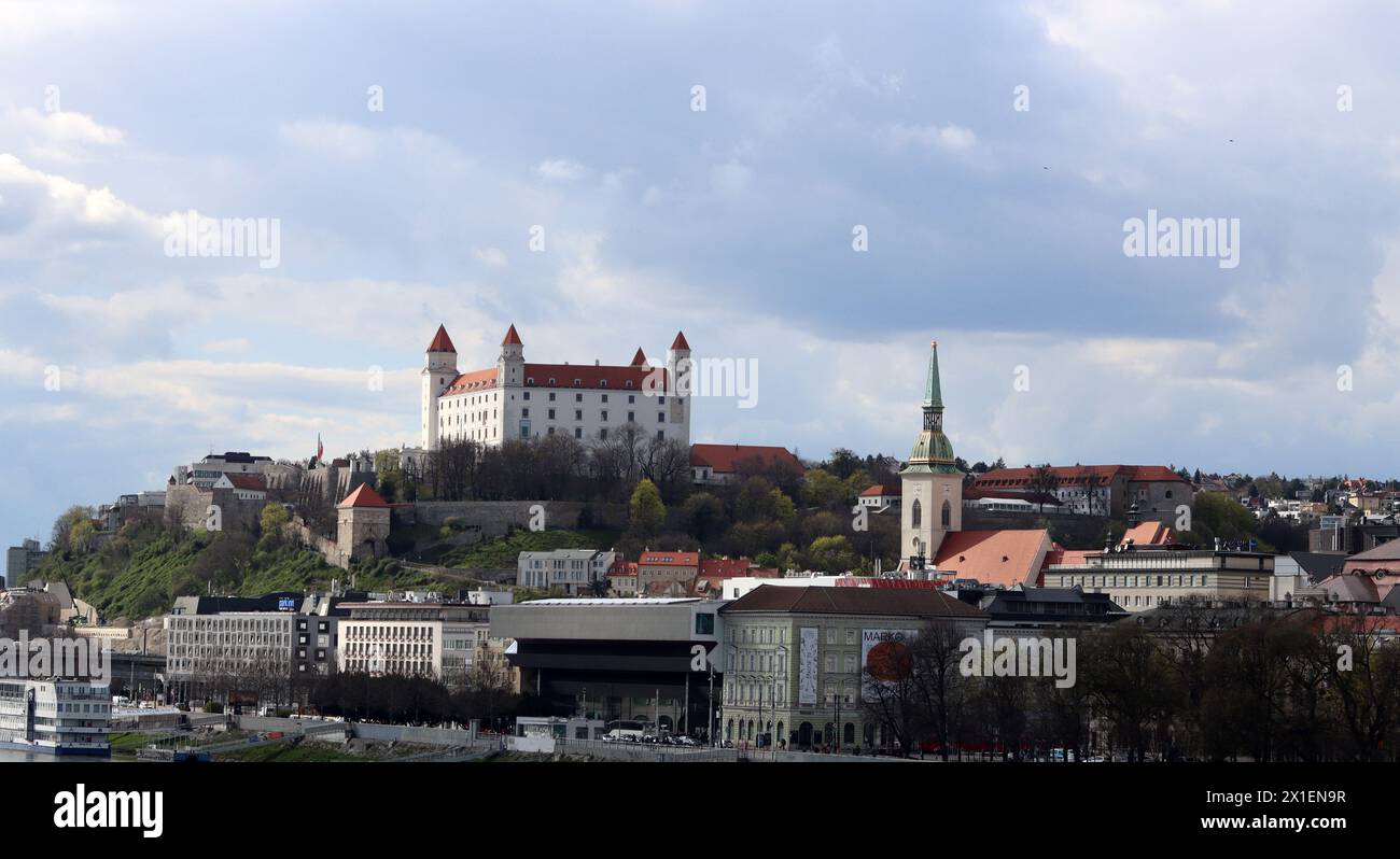 Bratislava old town panoramic view from Danube river. Bratislava castle ...