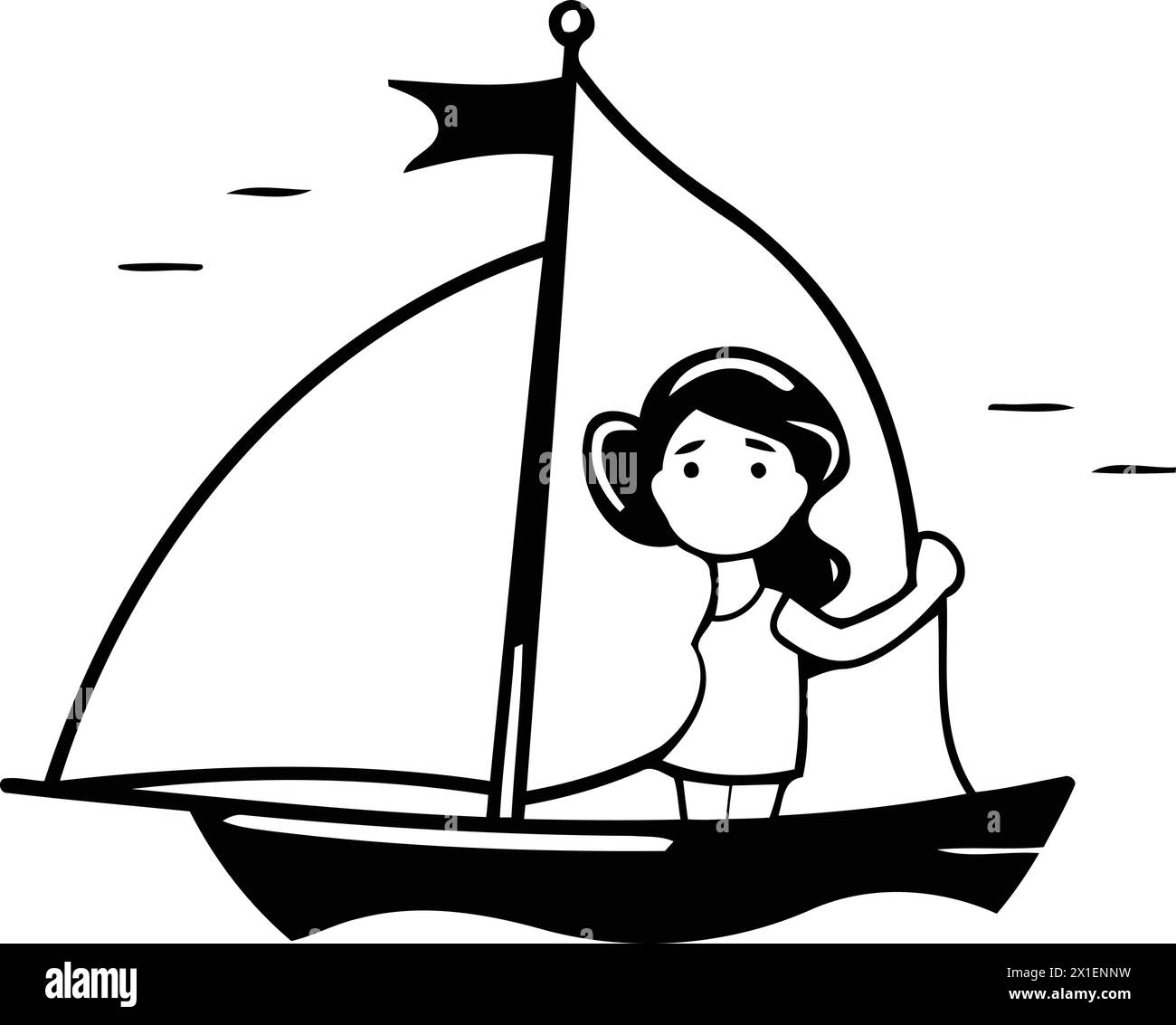 Little girl sailing on a sailboat. Vector illustration in flat style ...