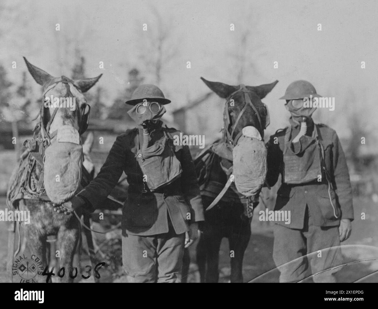 Historical soldiers wearing gas masks Black and White Stock Photos ...