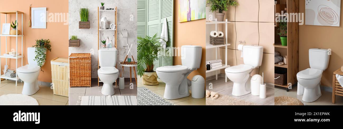 Collection of modern interiors of restroom with ceramic toilet bowls ...