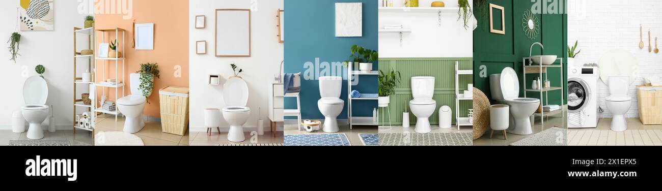 Collection of modern interiors of restroom with ceramic toilet bowls ...