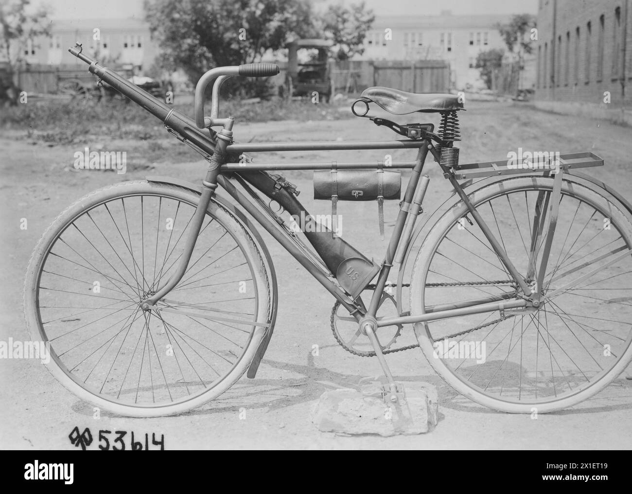 MILITARY BICYCE WITH RIFLE. Left side of bicycle with rifle ca. May ...