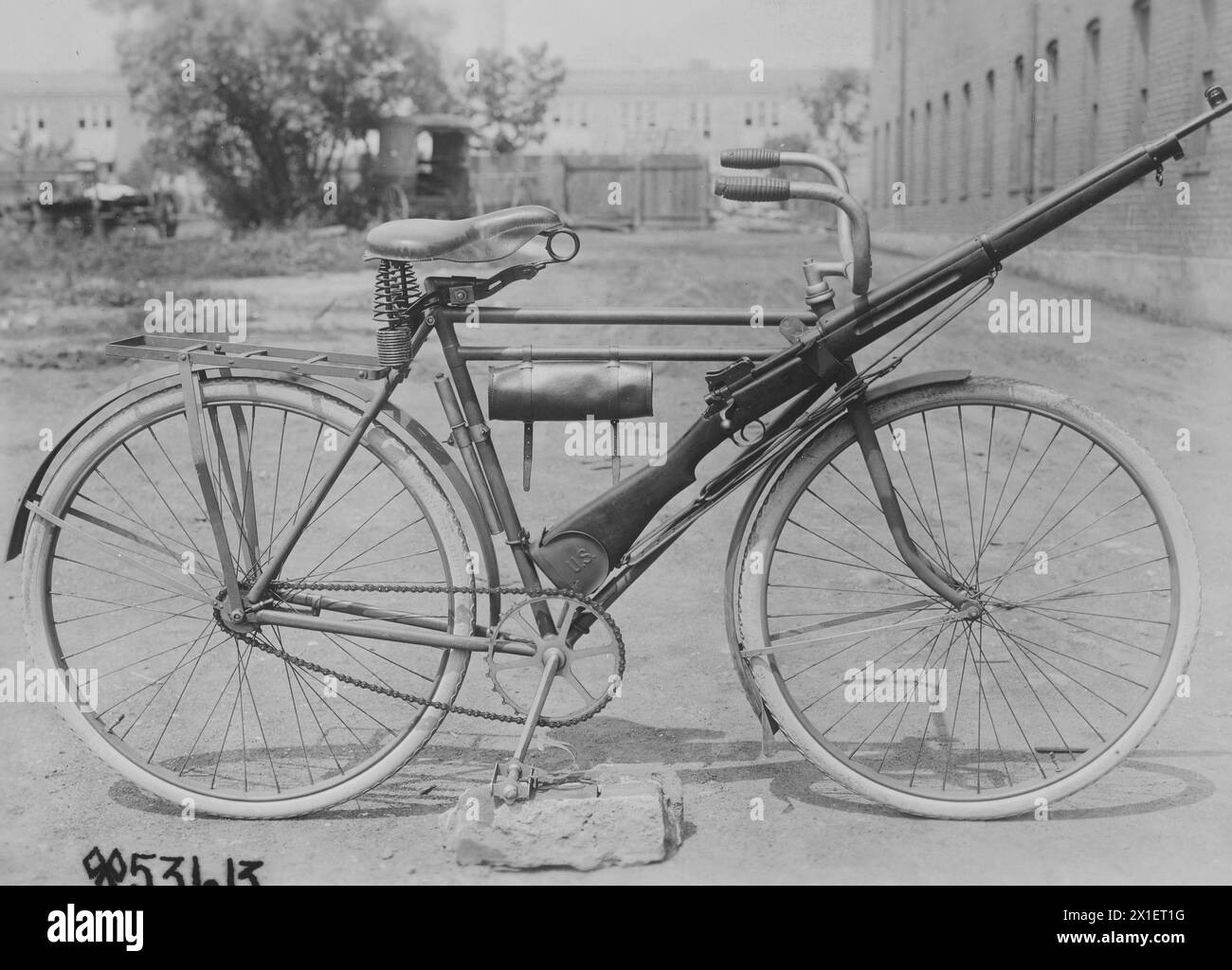 MILITARY BICYCE WITH RIFLE. Right side of bicycle with U.S. Magazine ...