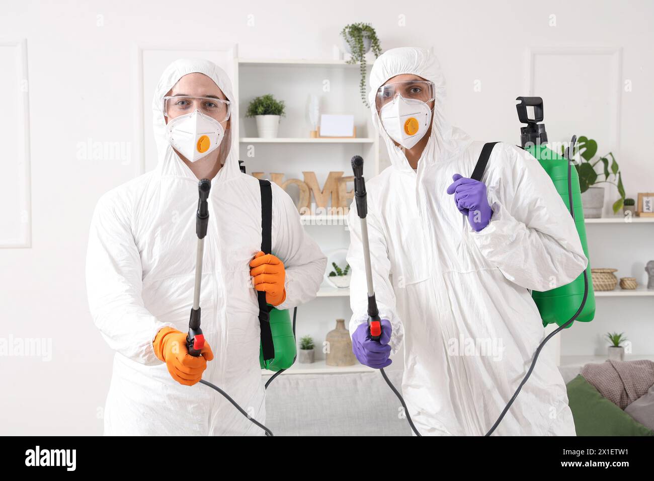 Male workers with disinfectant in room Stock Photo - Alamy