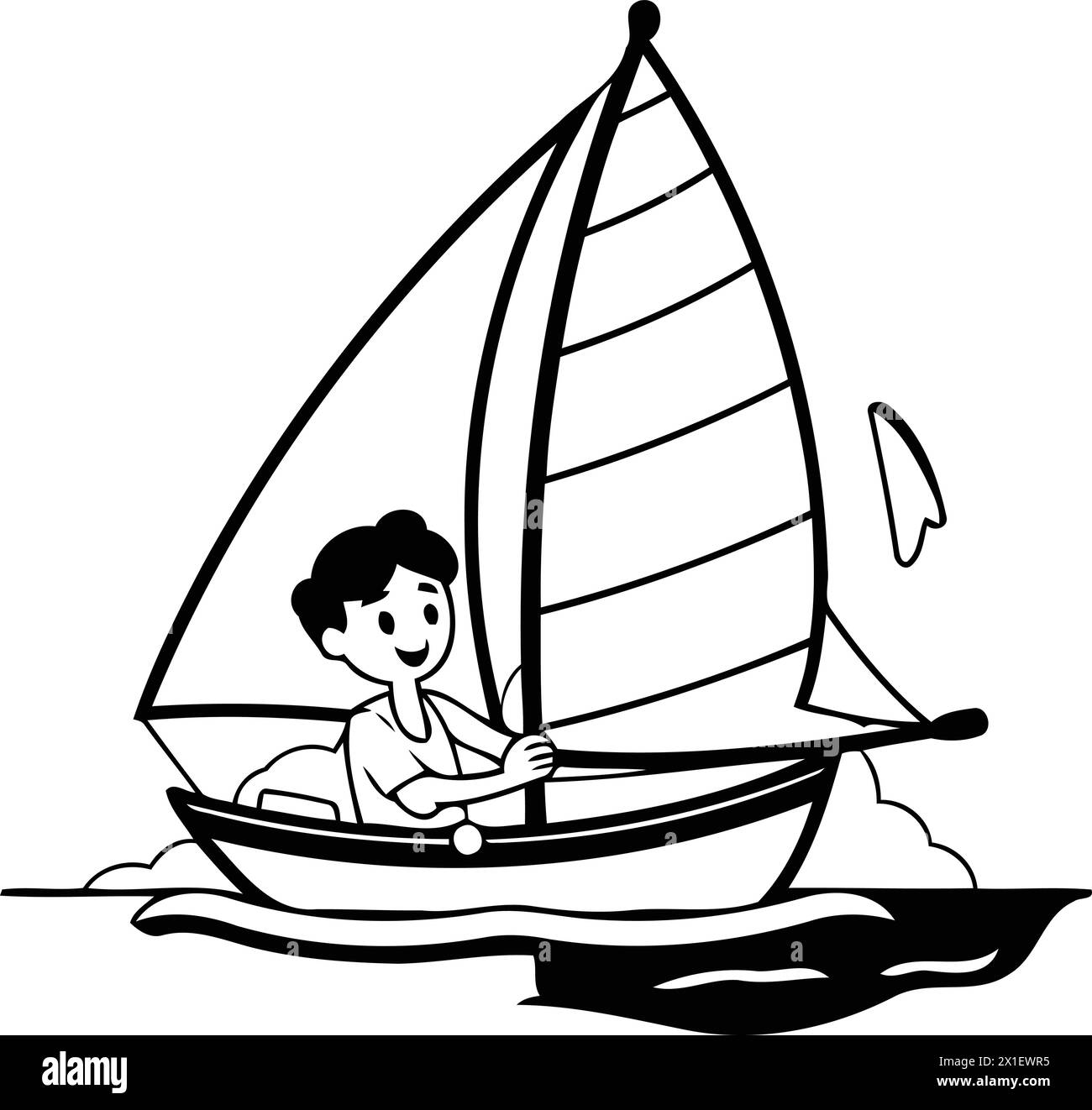 Little boy sailing on a small sailboat in the ocean. Vector ...