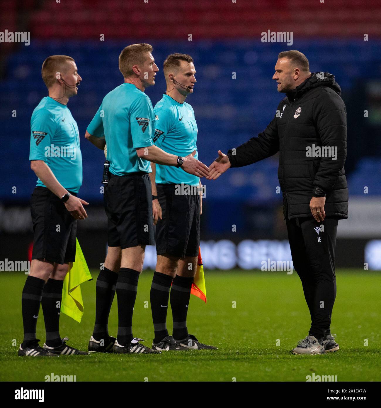 Bolton Wanderers manager Ian Evatt talks to Referee Scott Olham at full ...