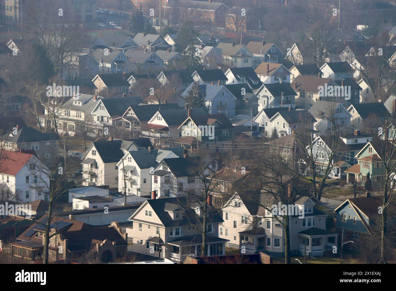 Aerial view of houses in Lakewood, the suburbs to Cleveland, in morning ...