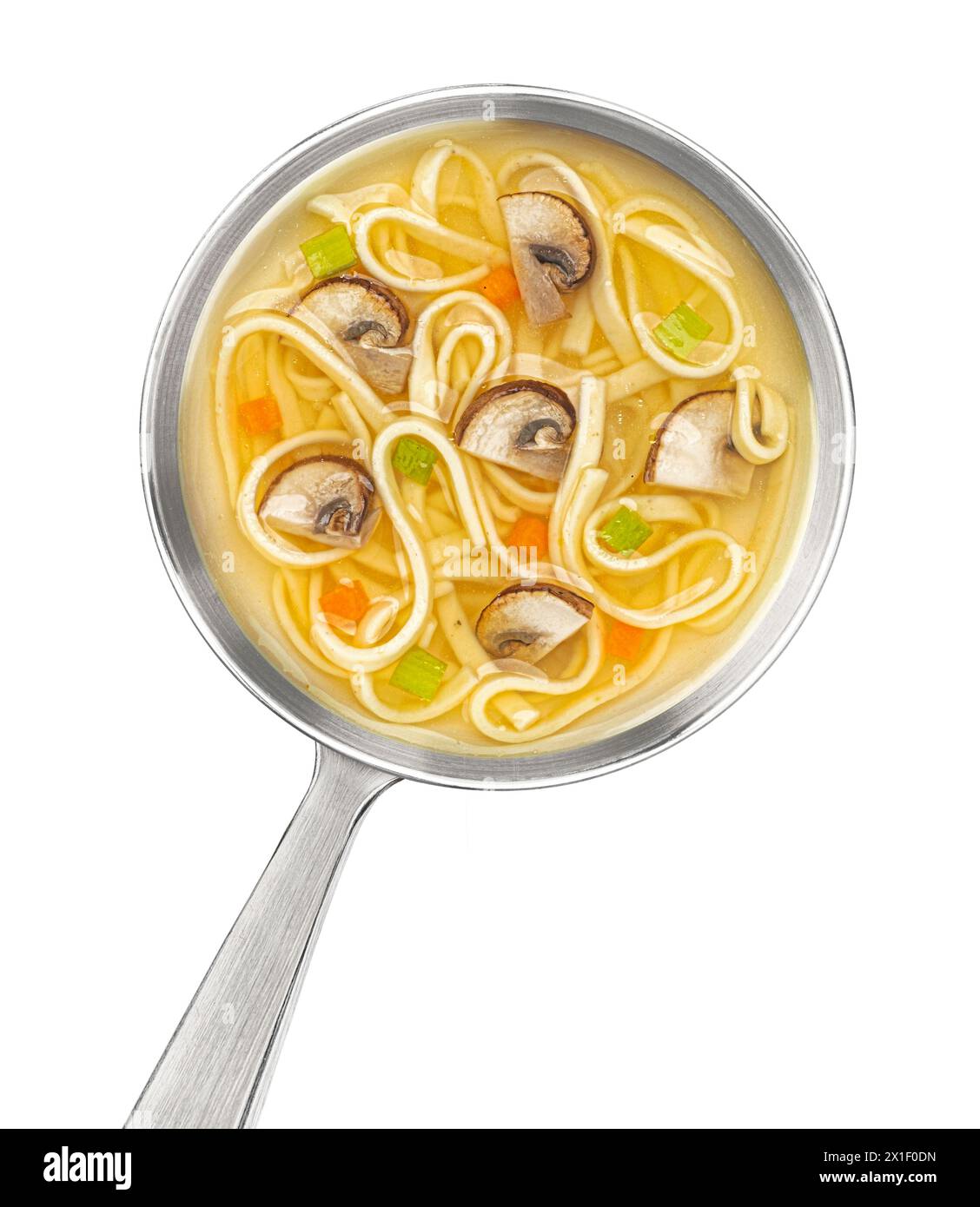 Ladle with instant noodle soup with mushrooms isolated on white ...