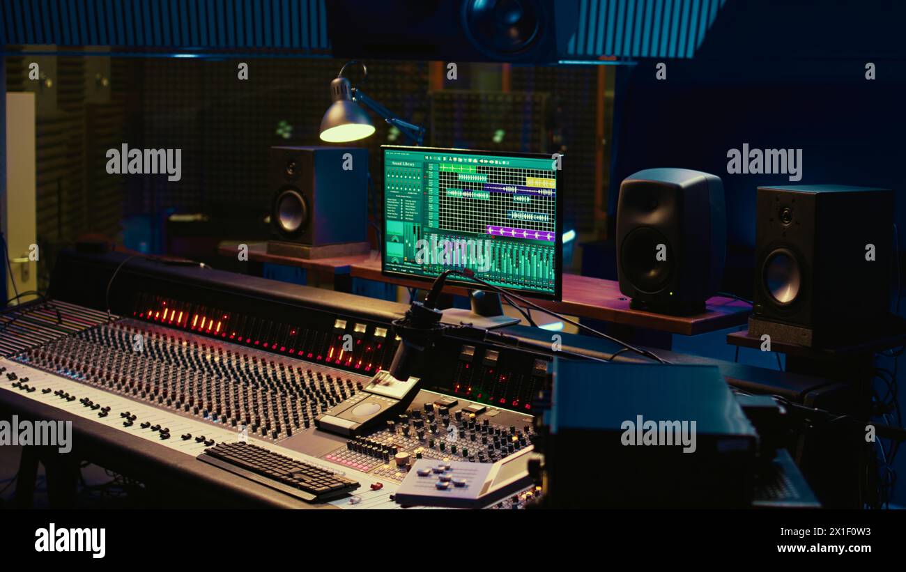 Empty control room filled with buttons and sliders used for recording ...