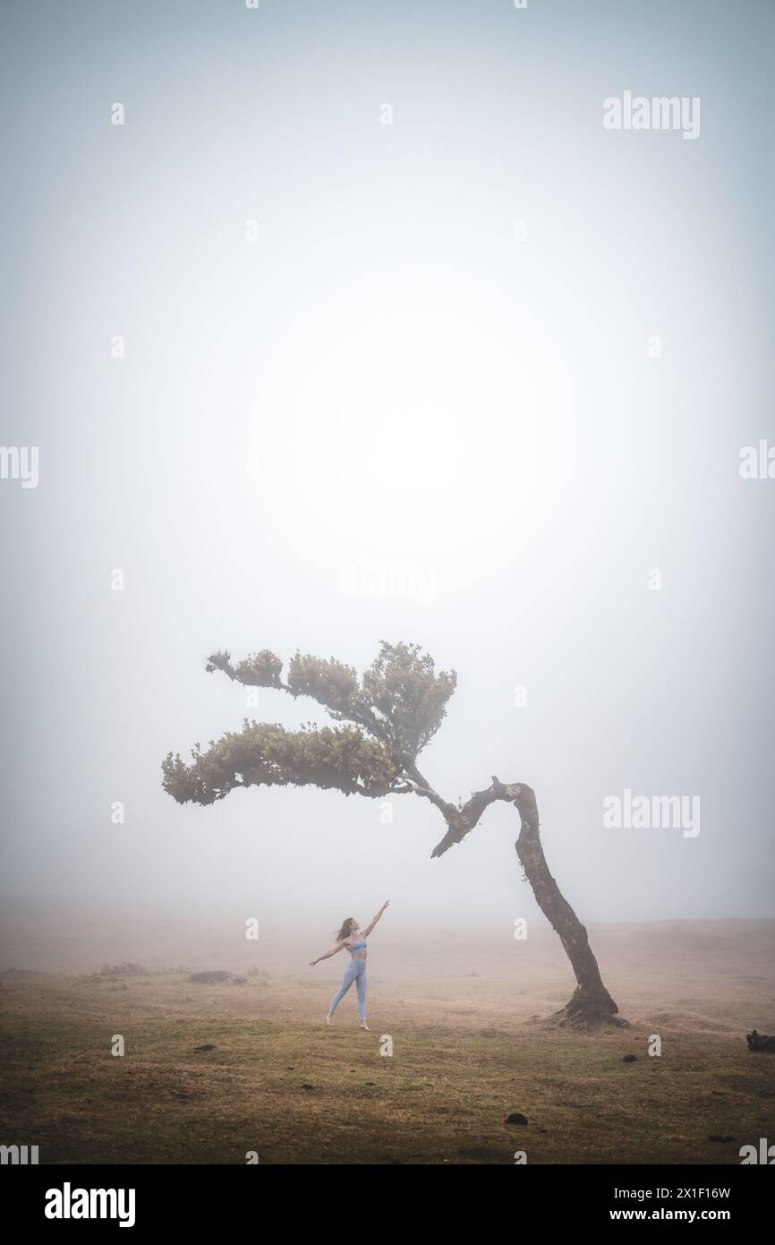 Description: An elegant woman in sportswear reaches for a lone ...