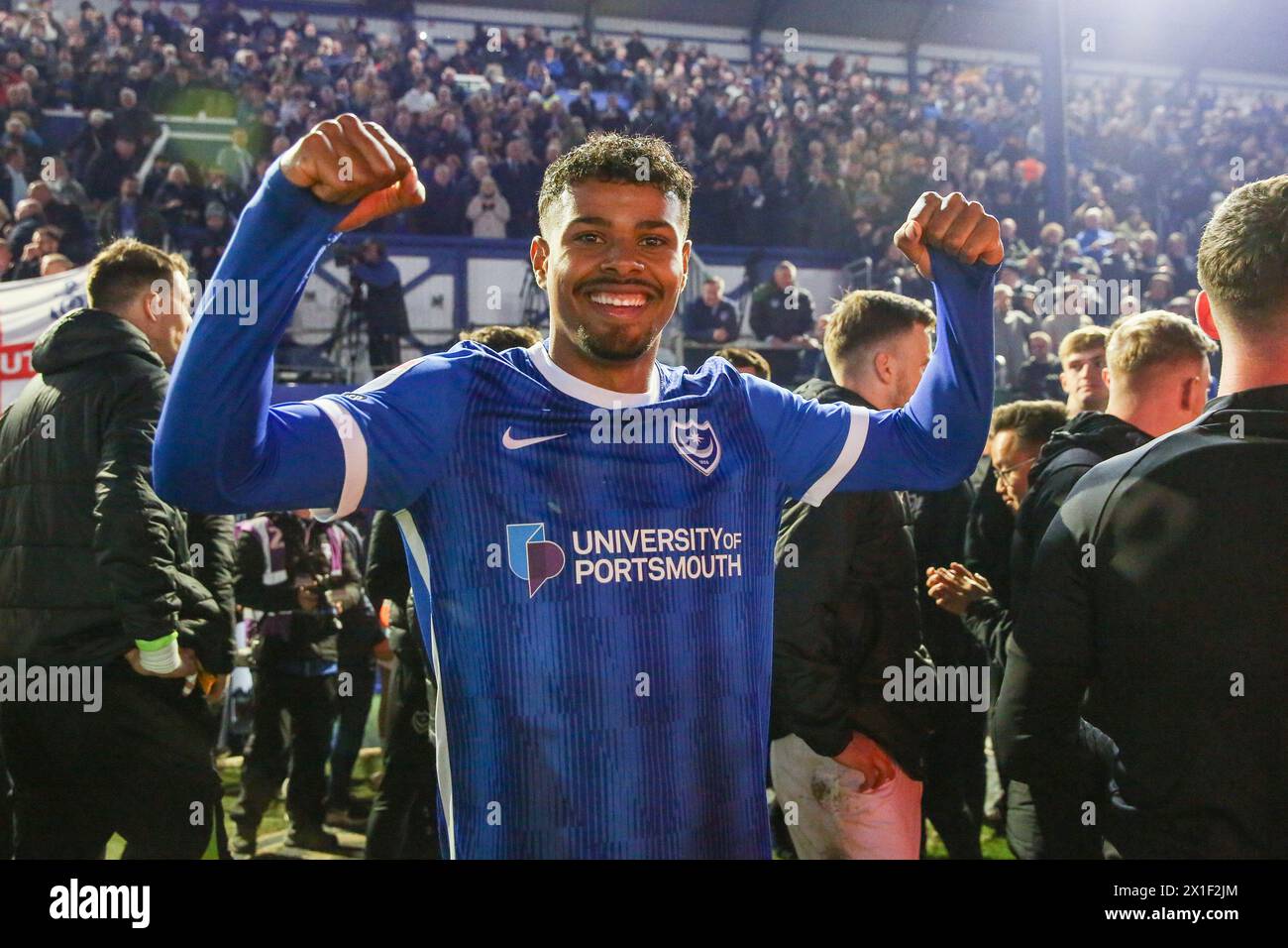 Portsmouth UK. 16th Apr 2024. Portsmouth midfielder Tino Anjorin 28 celebrates during the Portsmouth FC v Barnsley FC sky bet EFL League 1 match at Fratton Park Portsmouth Hampshire England United Kin...