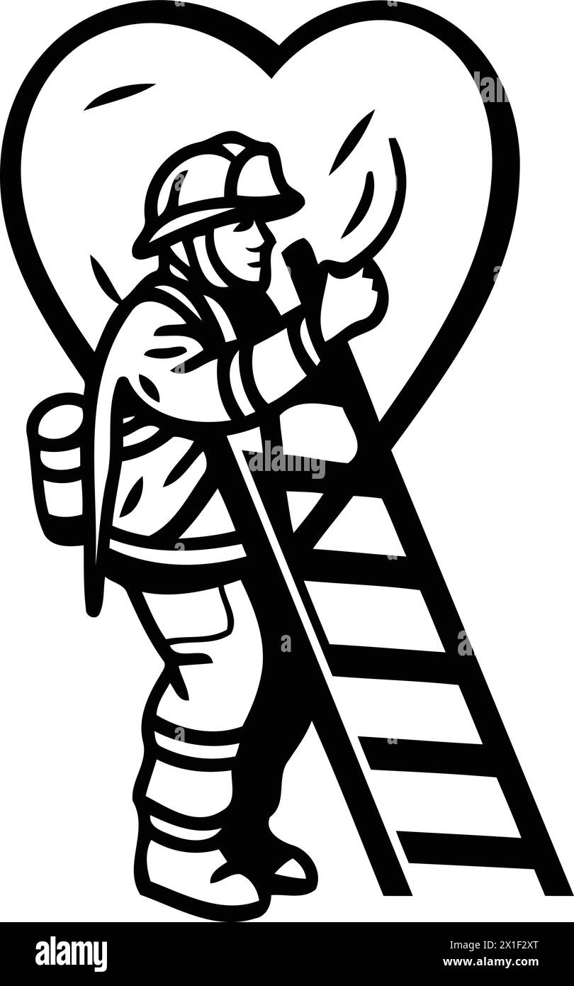 Fireman with heart and ladder. Vector illustration on white background ...