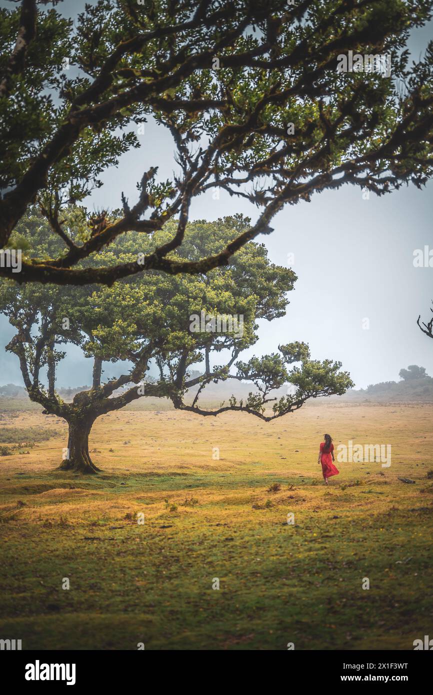 Description: Barefoot woman in red dress enjoys walk over flat field ...
