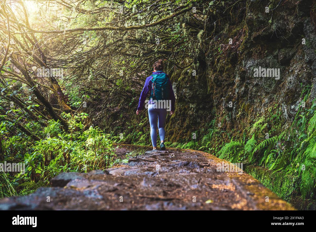 Description: Female tourist with backpack walks along ston path next to ...