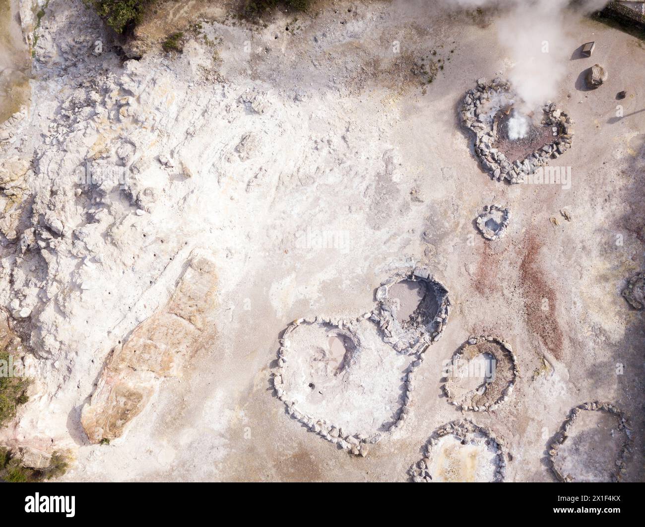 Aerial top dow view of Volcano Caldera Hot Springs Fumaroles in Furnas ...