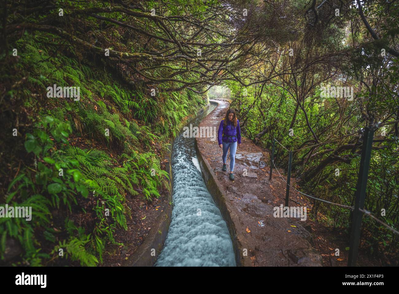 Description: Female tourist with backpack hiking along curved sloping ...