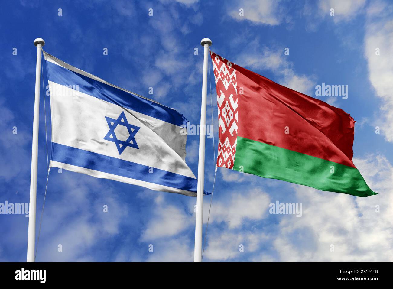 3d illustration. Israel and AAAAA Flag waving in sky. High detailed ...