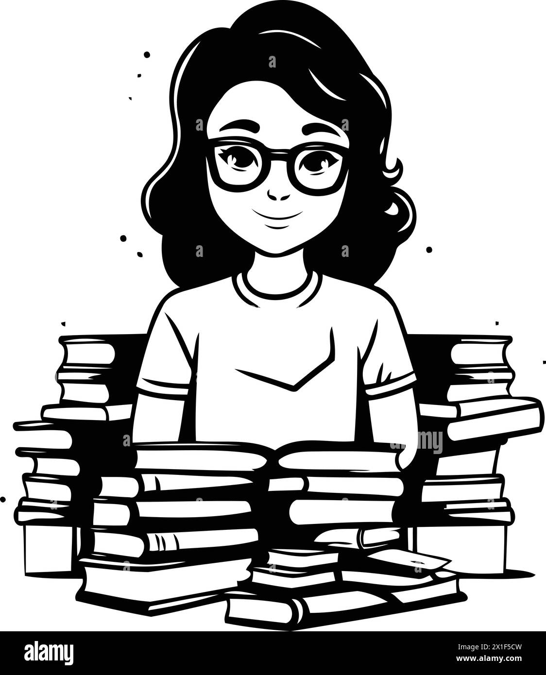 Vector Illustration Of A Girl With Glasses Holding A Pile Of Books